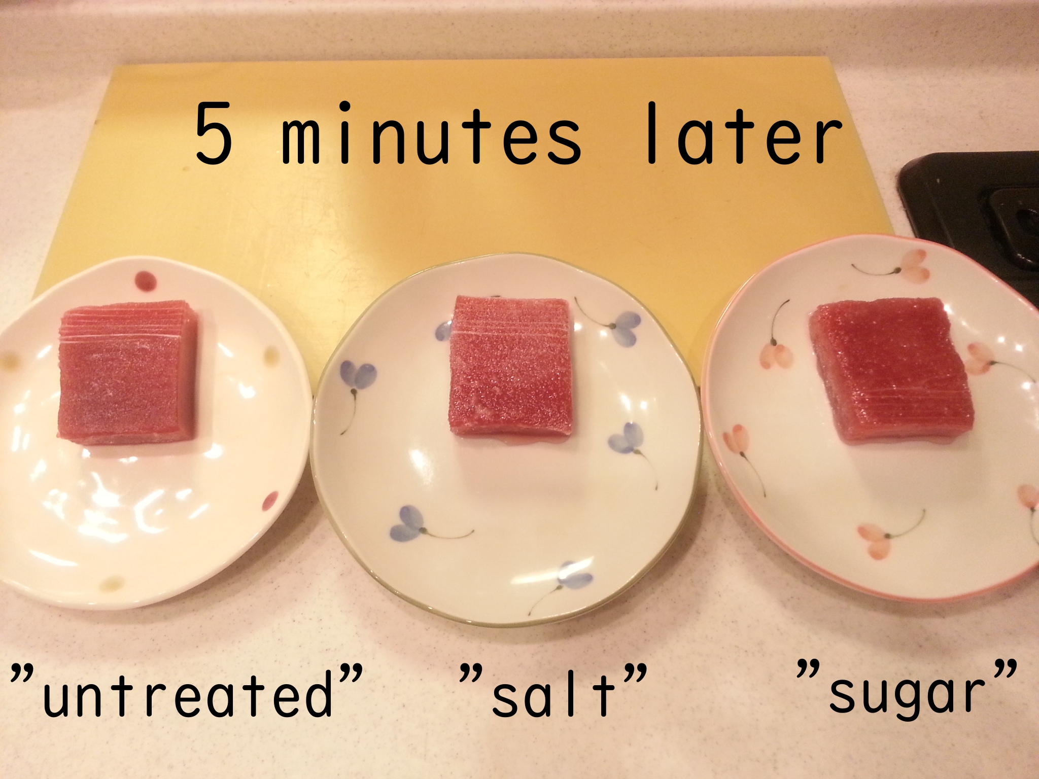 Sashimi treated with sugar or salt to compare tastes (tuna & salmon ...
