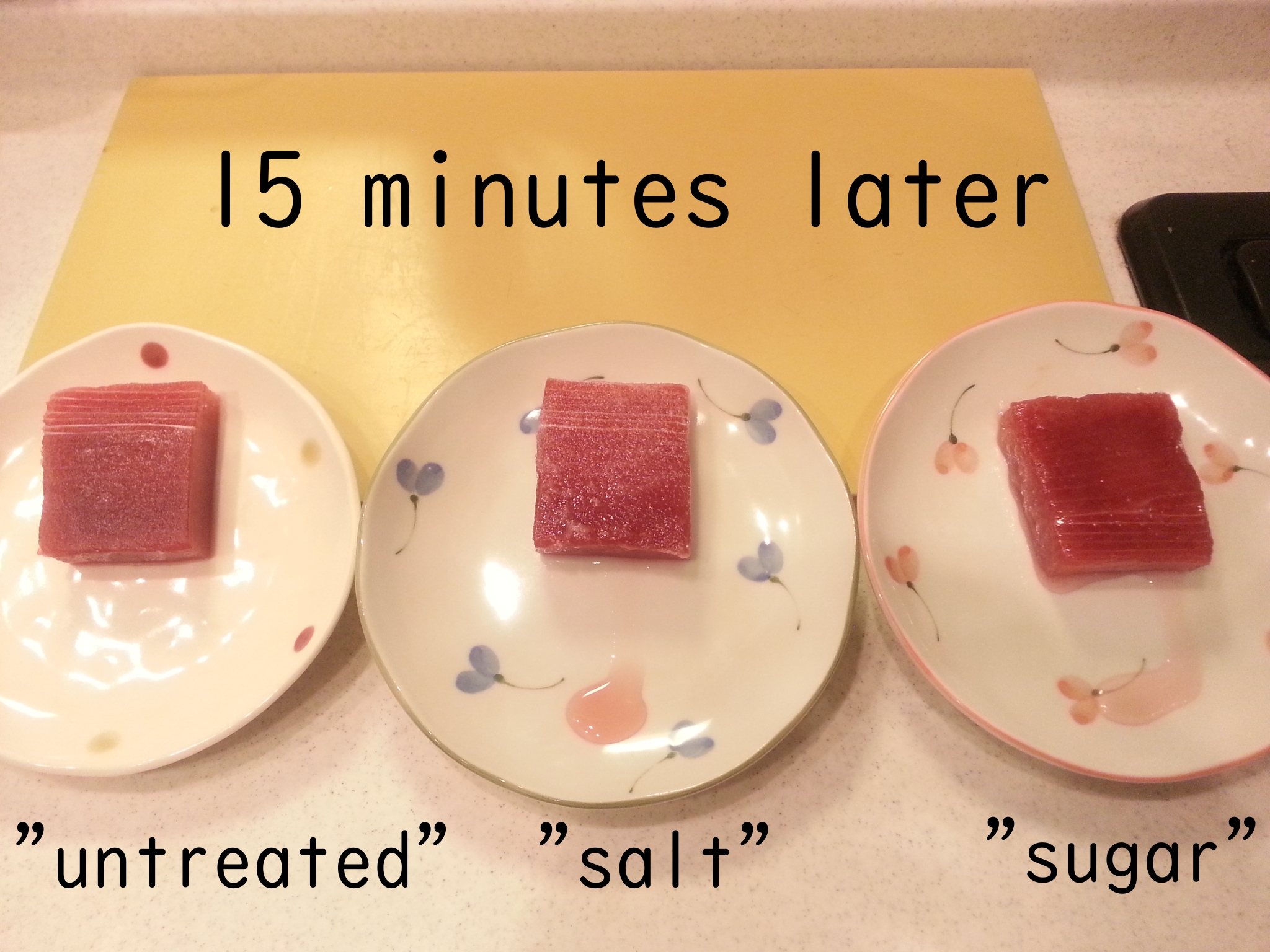 Sashimi treated with sugar or salt to compare tastes (tuna & salmon ...