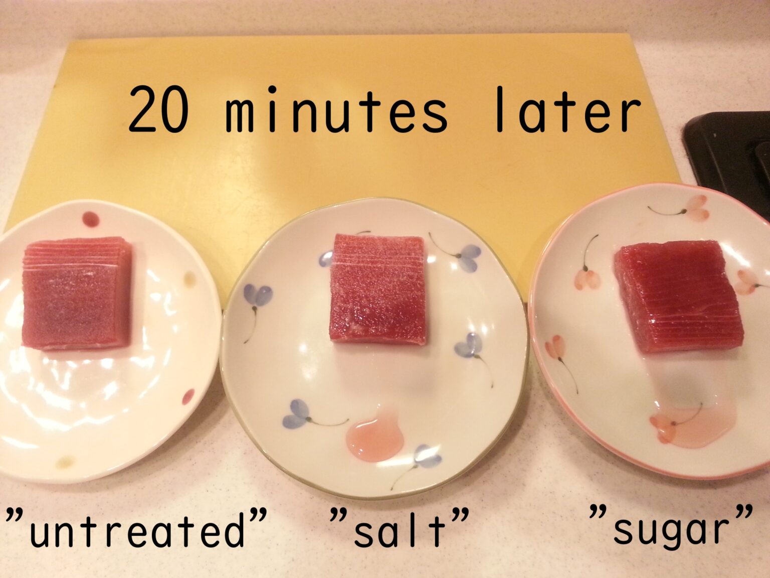 Sashimi treated with sugar or salt to compare tastes (tuna & salmon ...